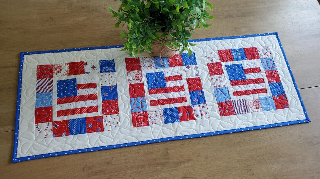 Patriotic Flags Quilted Patchwork Table Topper, Red White and Blue ...
