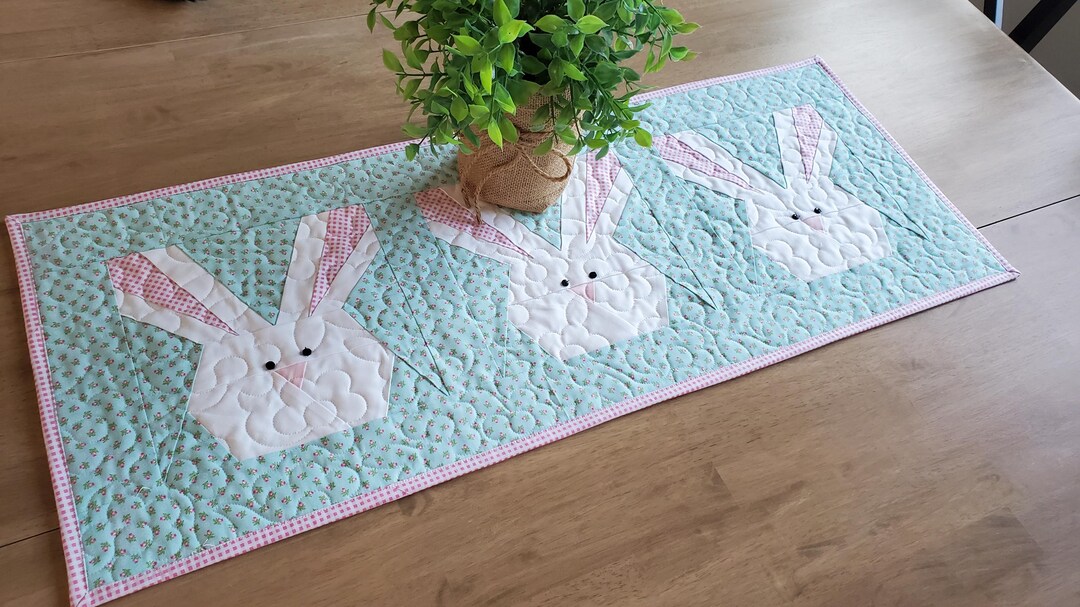 Easter Bunny Quilted Table Runner, Spring Table Top Quilt With Bunny Rabbit Faces and Button ...
