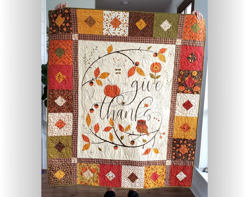 Fall Patchwork Throw or Lap Quilt With Give Thanks, Leaves, Pumpkin and ...