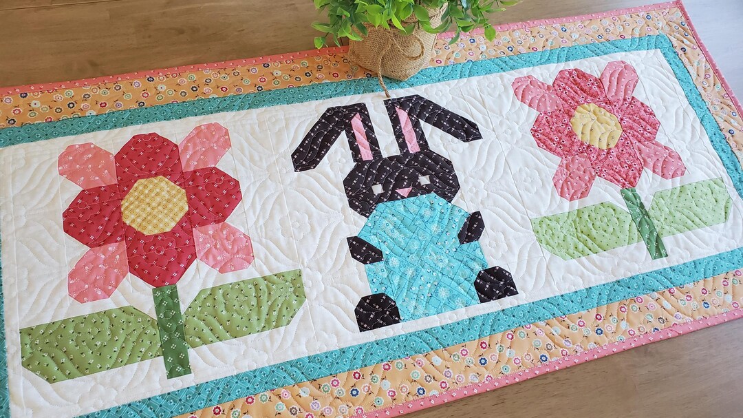 Spring Easter Quilted Table Runner With a Bunny and 2 Patchwork Pink Flowers, Cute Table Top ...