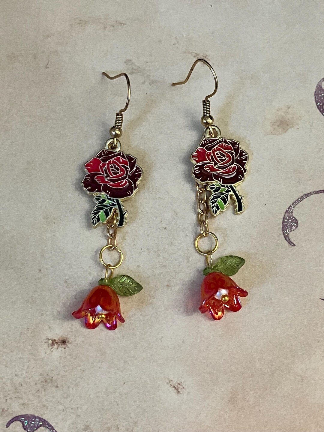 Fairy Tale Princess Red Rose Dainty and Elegant Dangle Earrings - Etsy