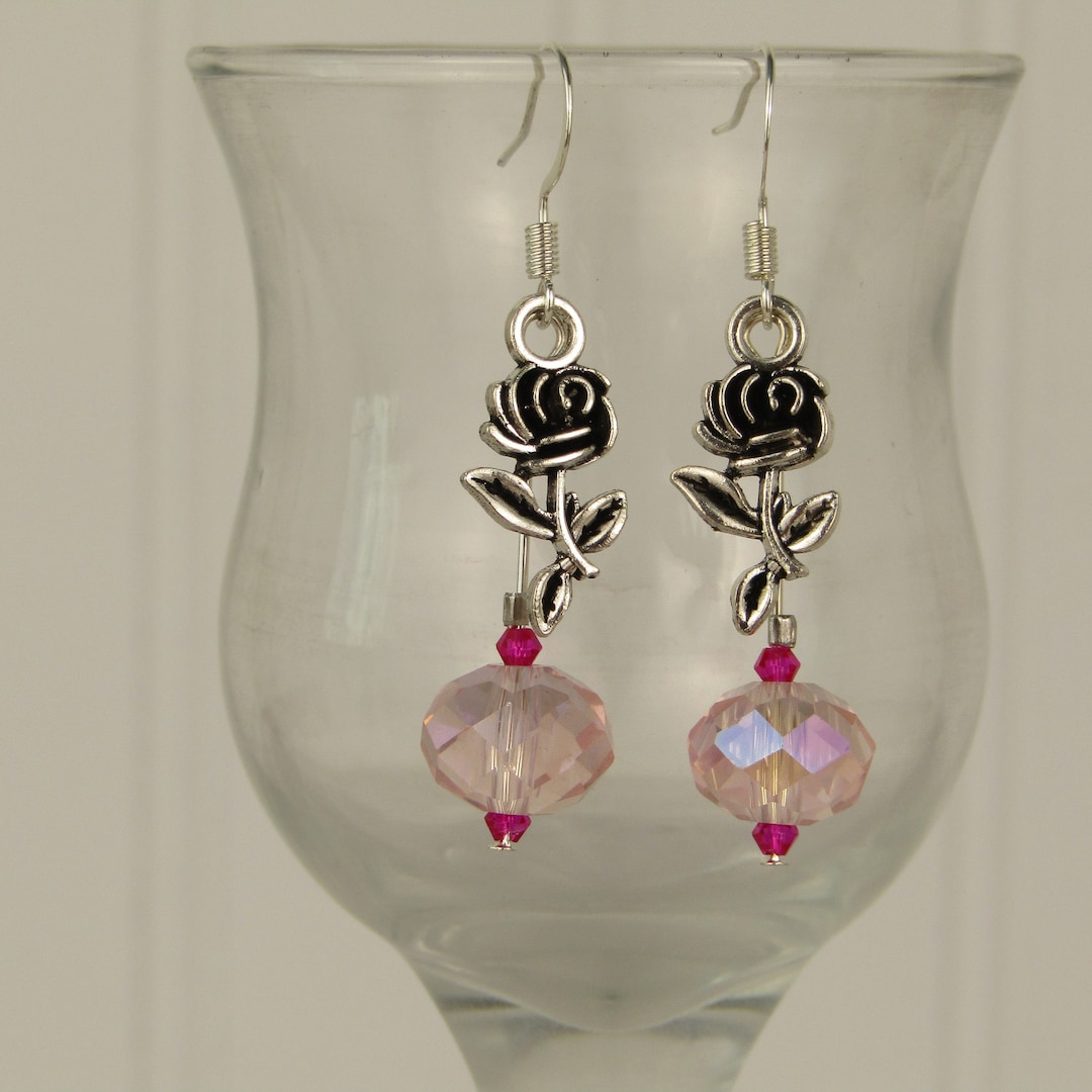 Rose Dangle Earrings With Pink Glass Bead Garden Party Romantic ...