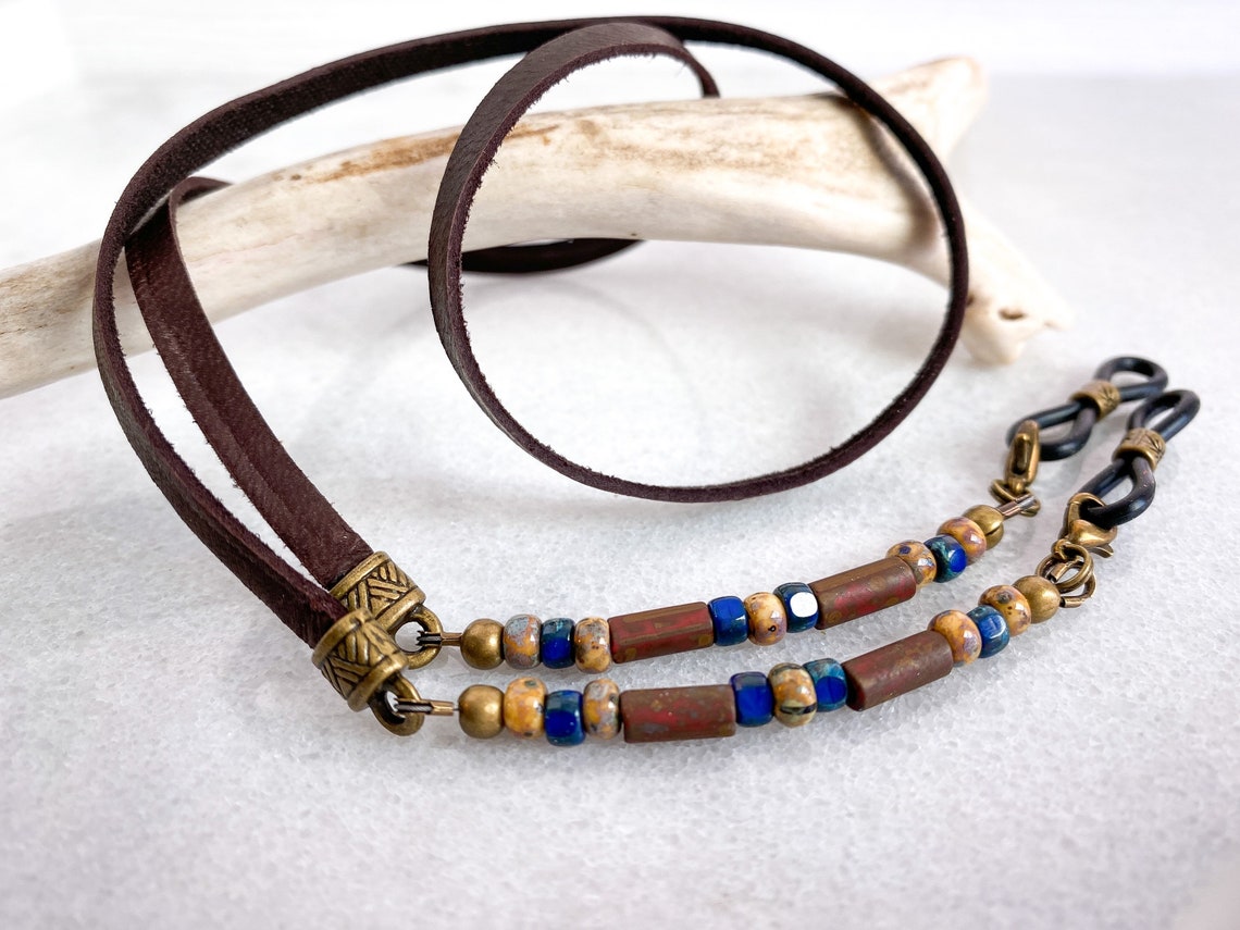 Brown and Blue Beaded Eyeglass Chain With Deerskin Leather. - Etsy