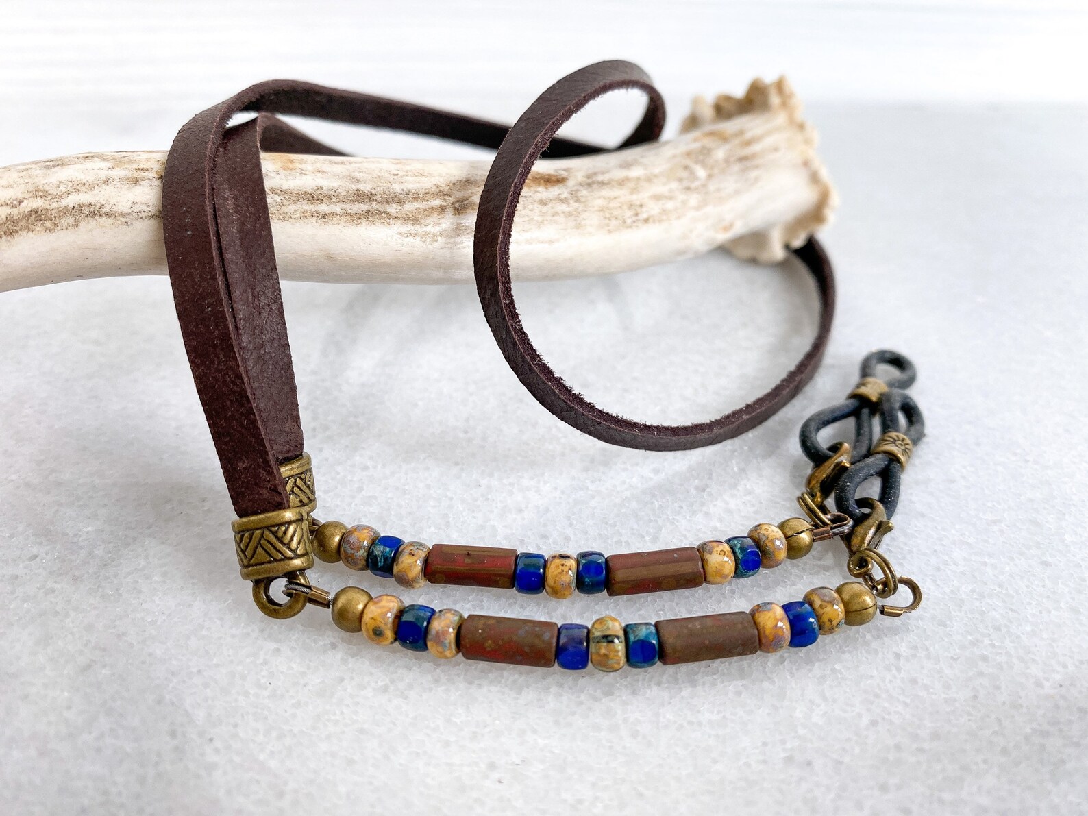 Brown And Blue Beaded Eyeglass Chain With Deerskin Leather Etsy