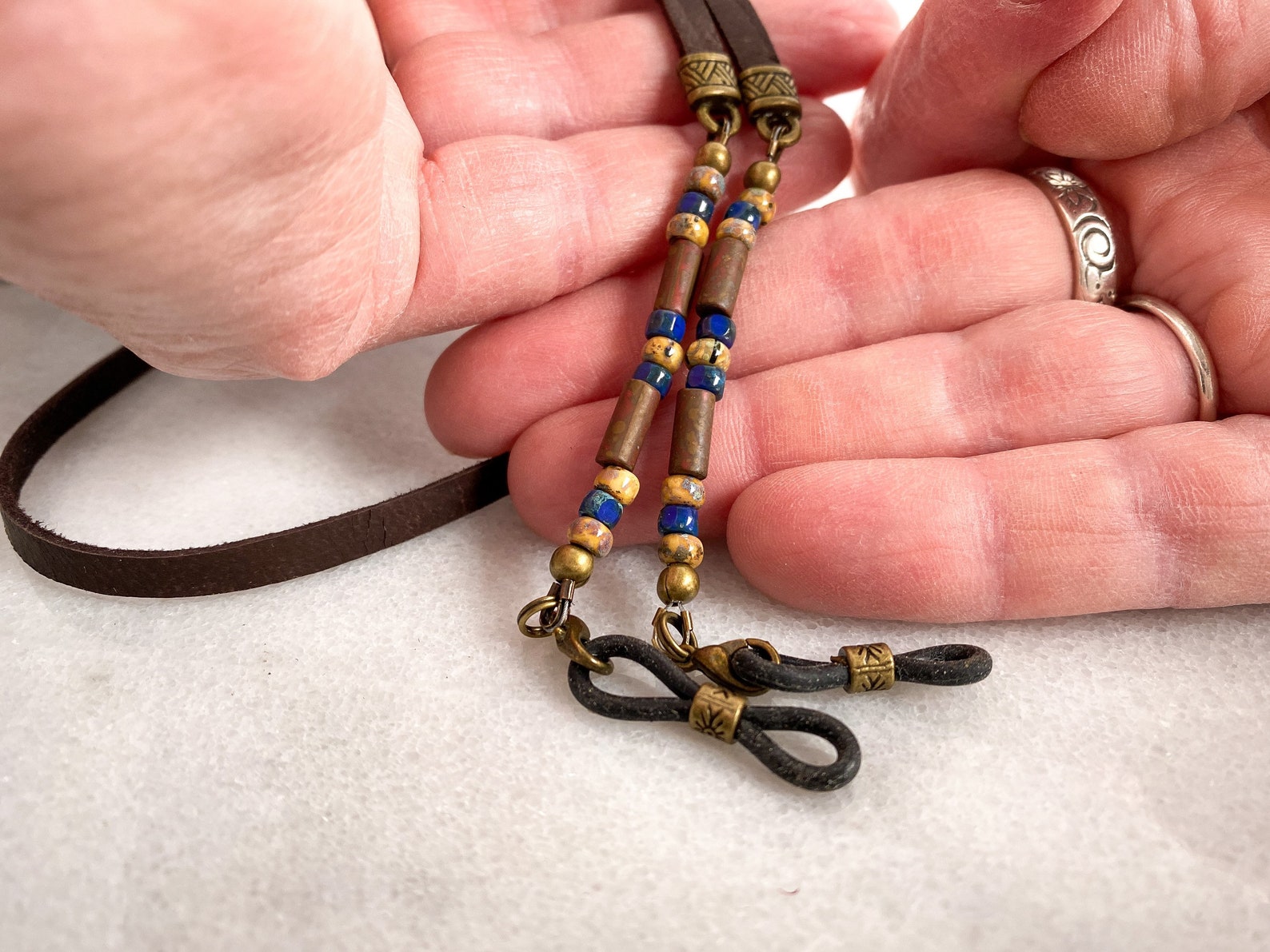 Brown And Blue Beaded Eyeglass Chain With Deerskin Leather Etsy