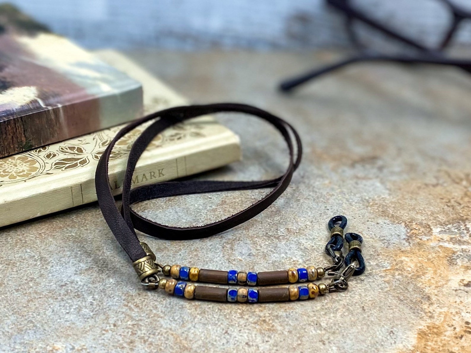 Brown and Blue Beaded Eyeglass Chain With Deerskin Leather. - Etsy