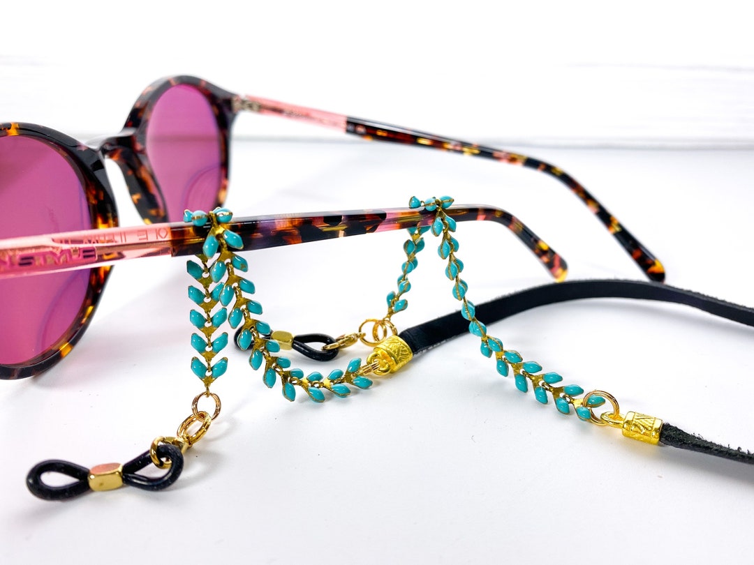 Turquoise And Gold Eyeglass Chain With Black Leather Boho Etsy
