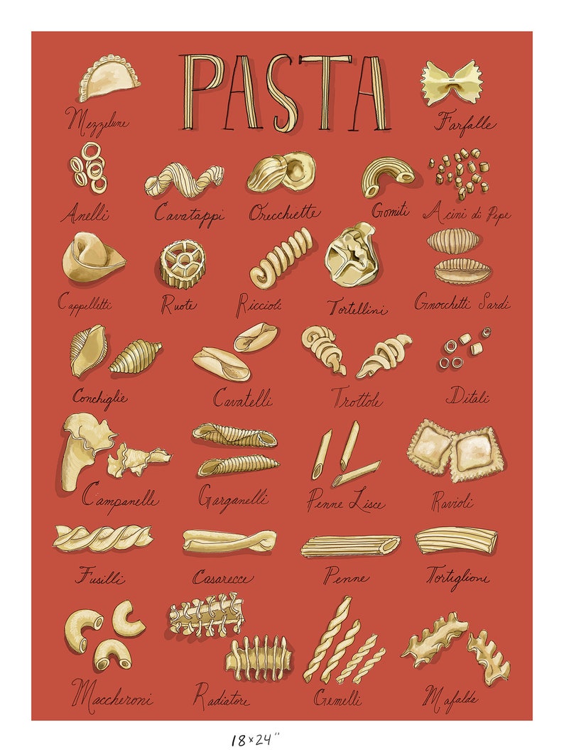 Illustrated Pasta Shapes Tomato Red 18x24 or 24x36 Inch Wall Art Print ...