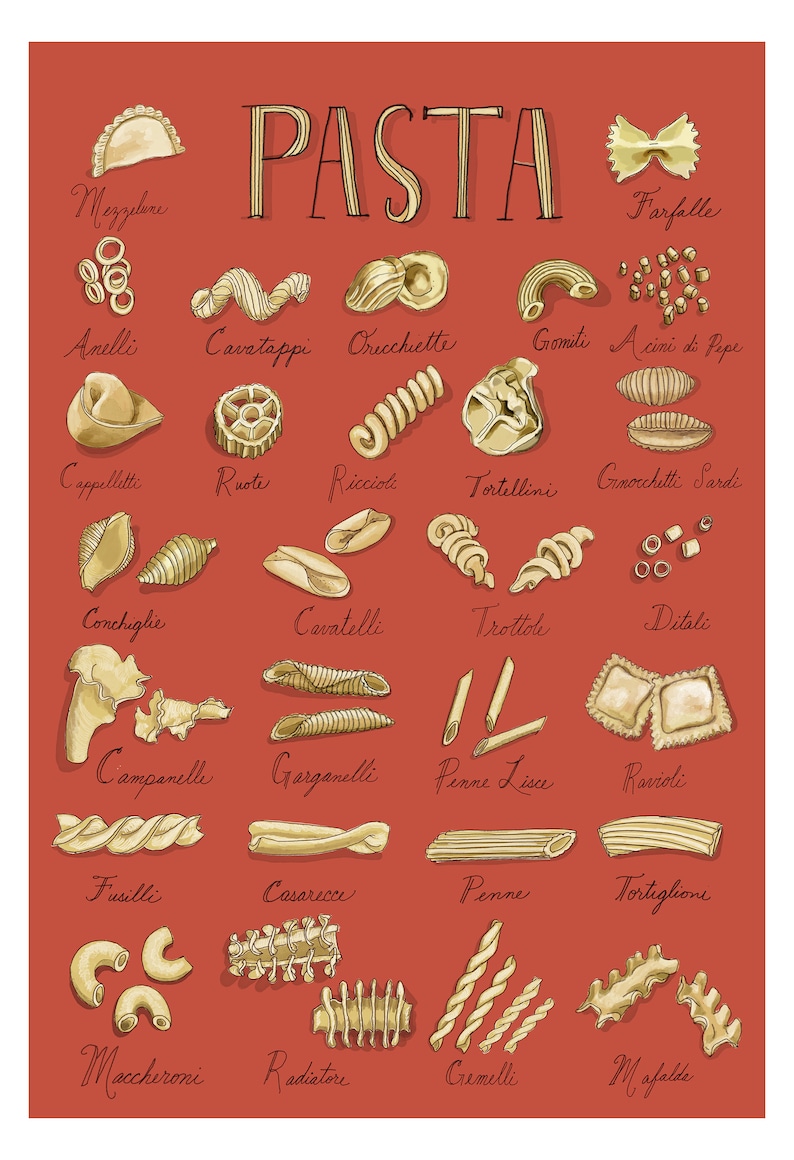 Illustrated Pasta Shapes Tomato Red 18x24 or 24x36 Inch Wall Art Print ...