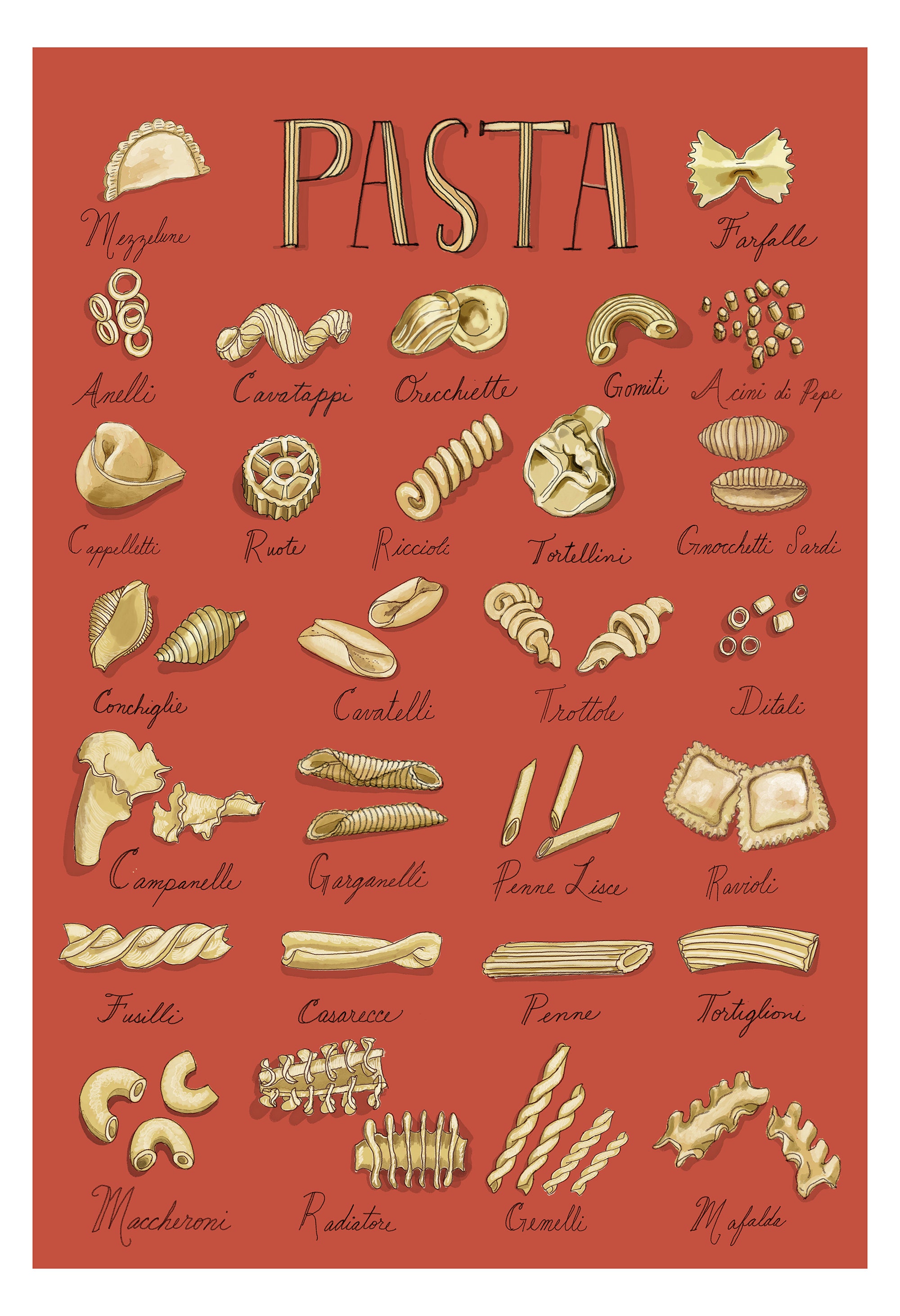 Illustrated Pasta Shapes Tomato Red 18x24 or 24x36 Inch Wall Art Print Etsy UK