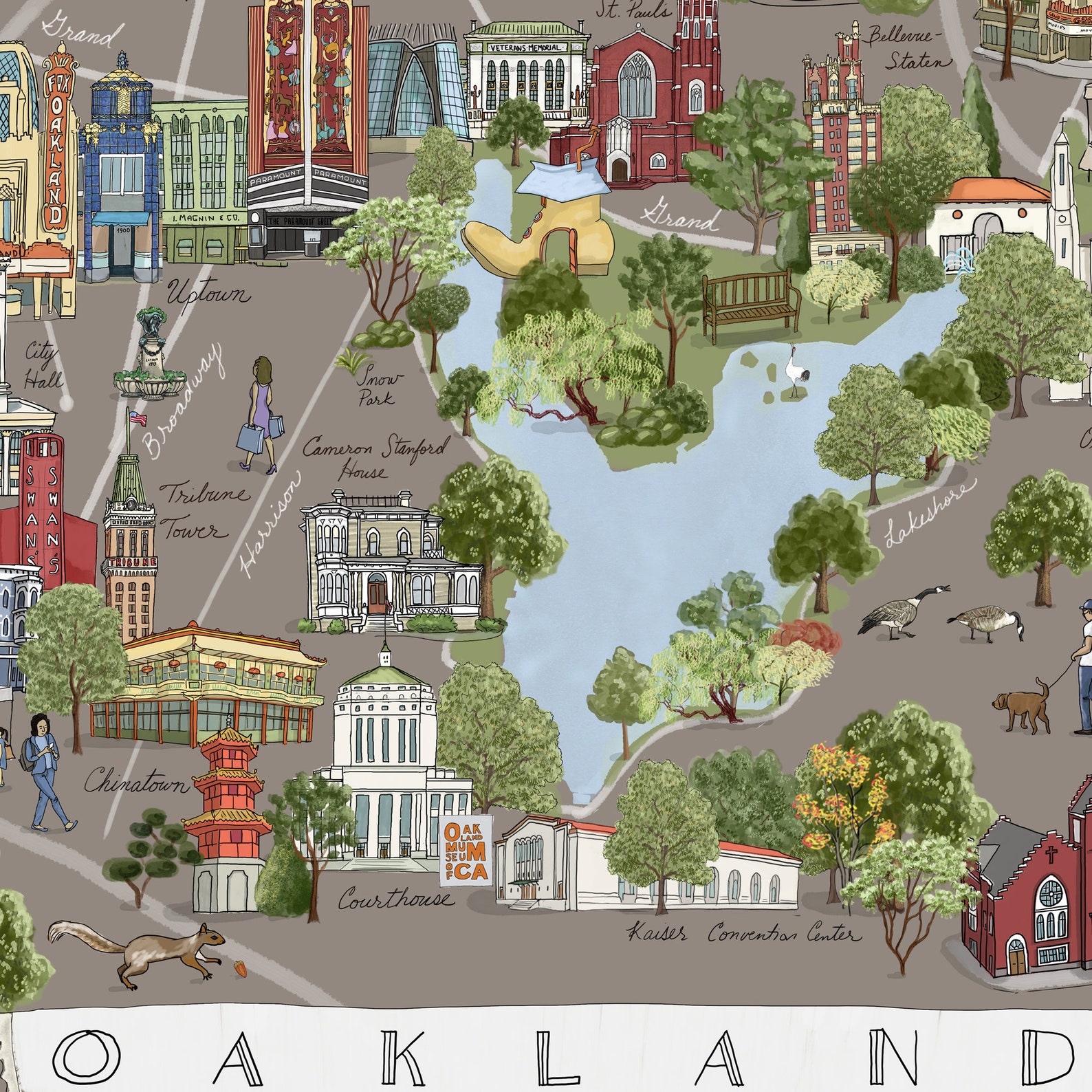 Illustrated Map of Oakland California 13x19 Inch Vertical Giclee Print ...