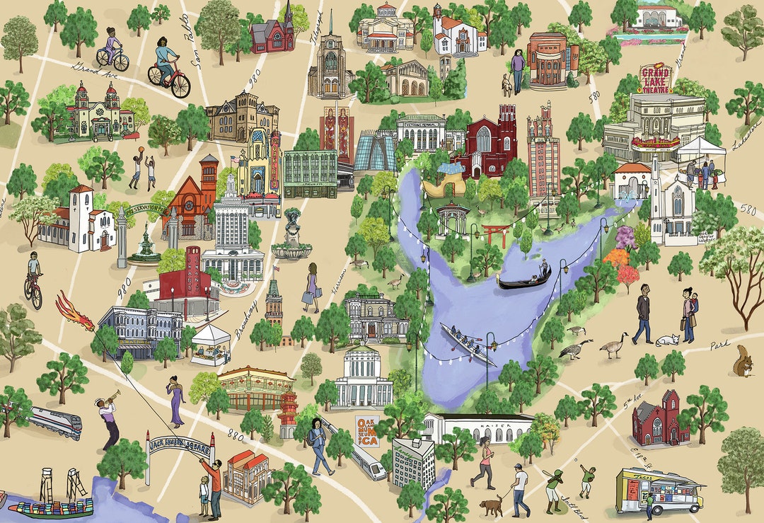 Illustrated Map of Oakland California 13 X 19 Inch or 11 X 14 Inch ...