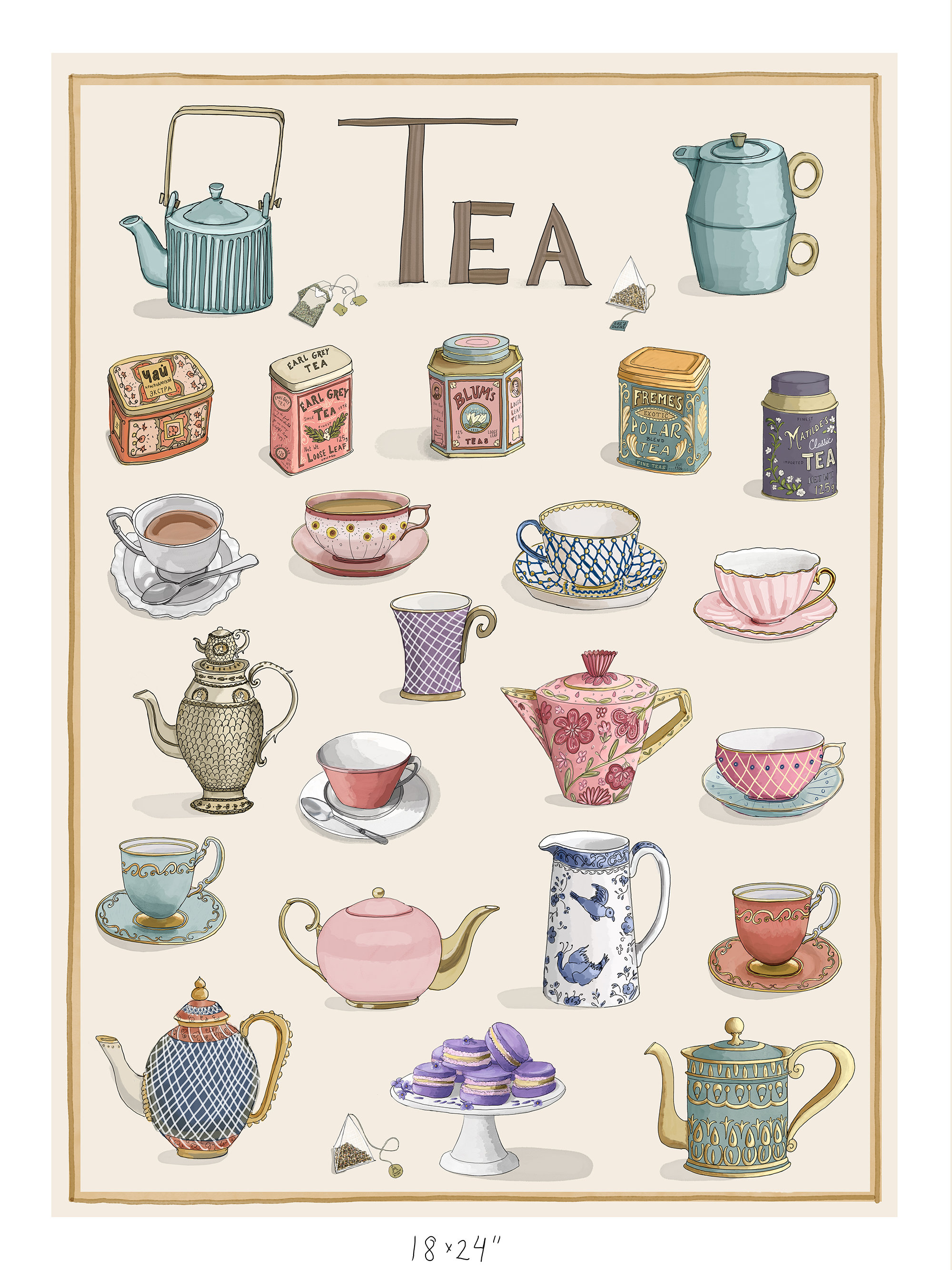 Tea Cups and Teapots Archival Wall Art Print 13x19 Inch or 18x24 Inch ...