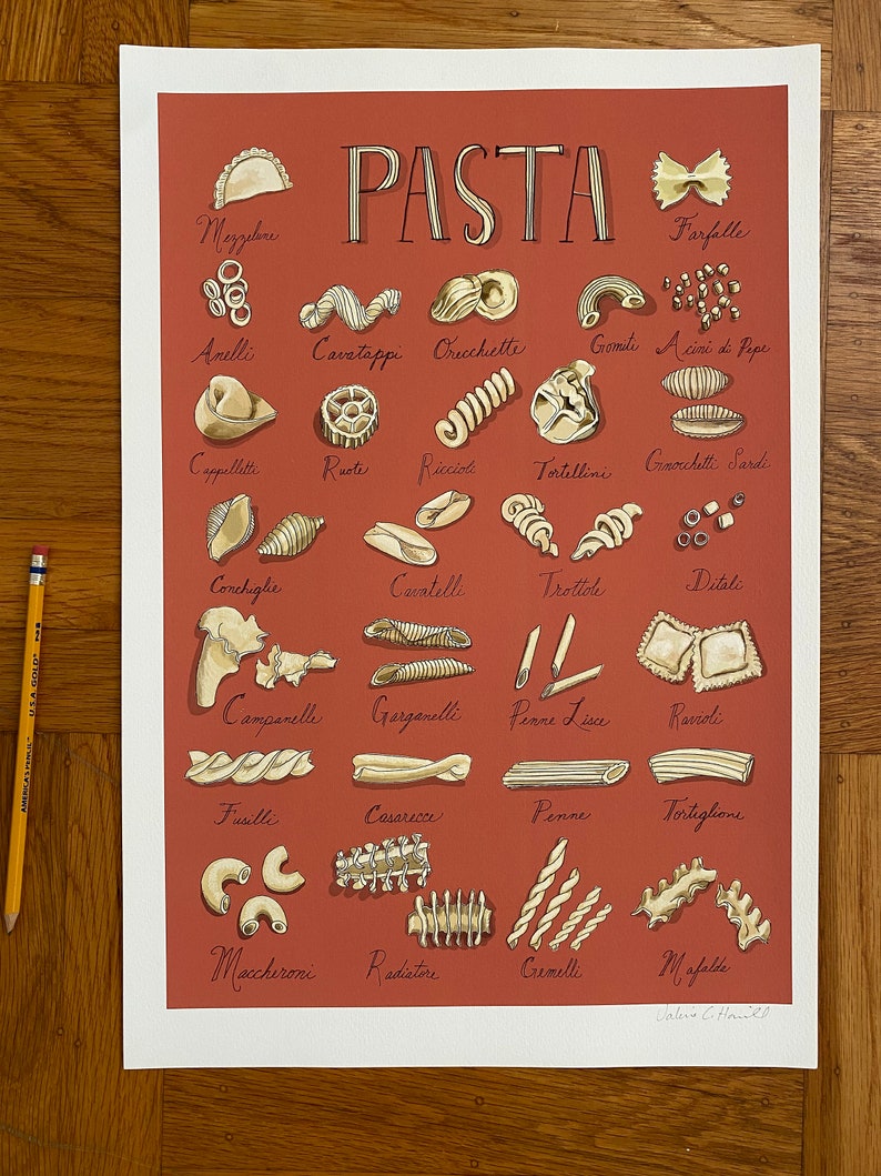 Illustrated Pasta Shapes Tomato Red 13x19 Inch Wall Art Print | Etsy