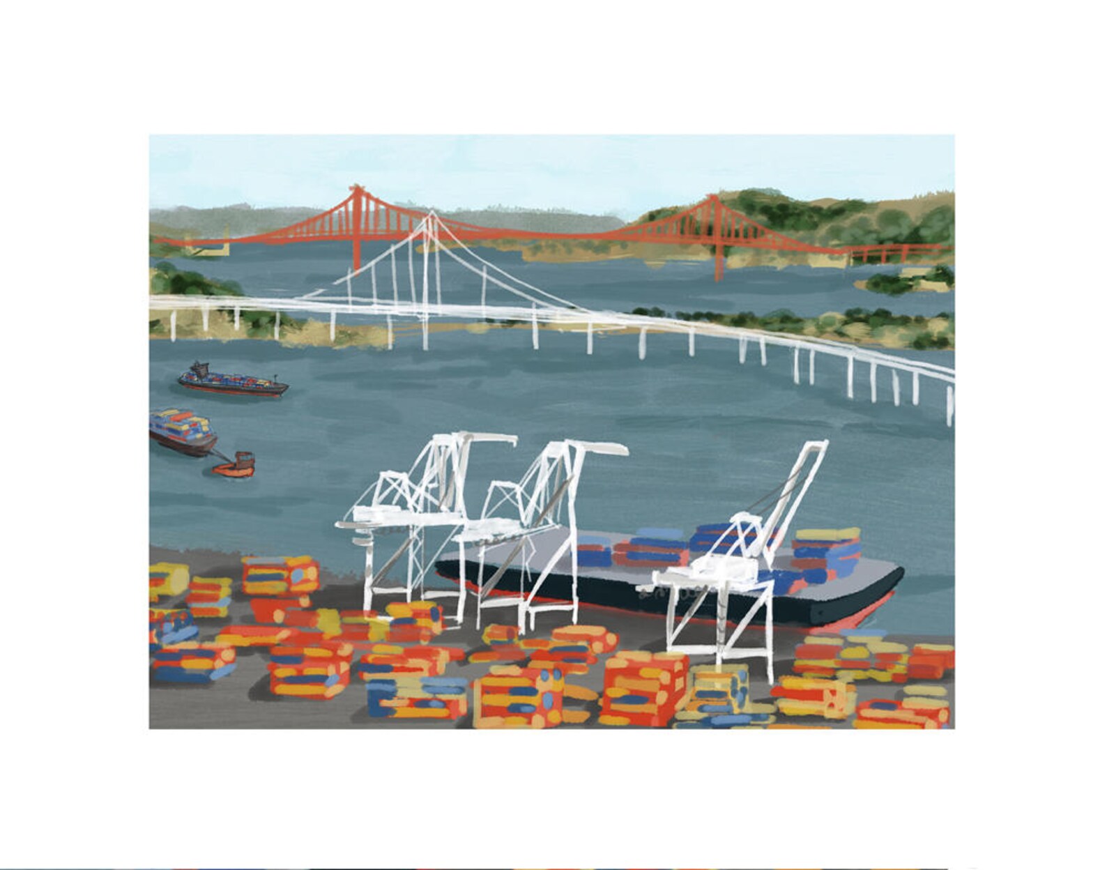 Oakland Art Print, Port of Oakland, View of Golden Gate Bridge, Matted ...