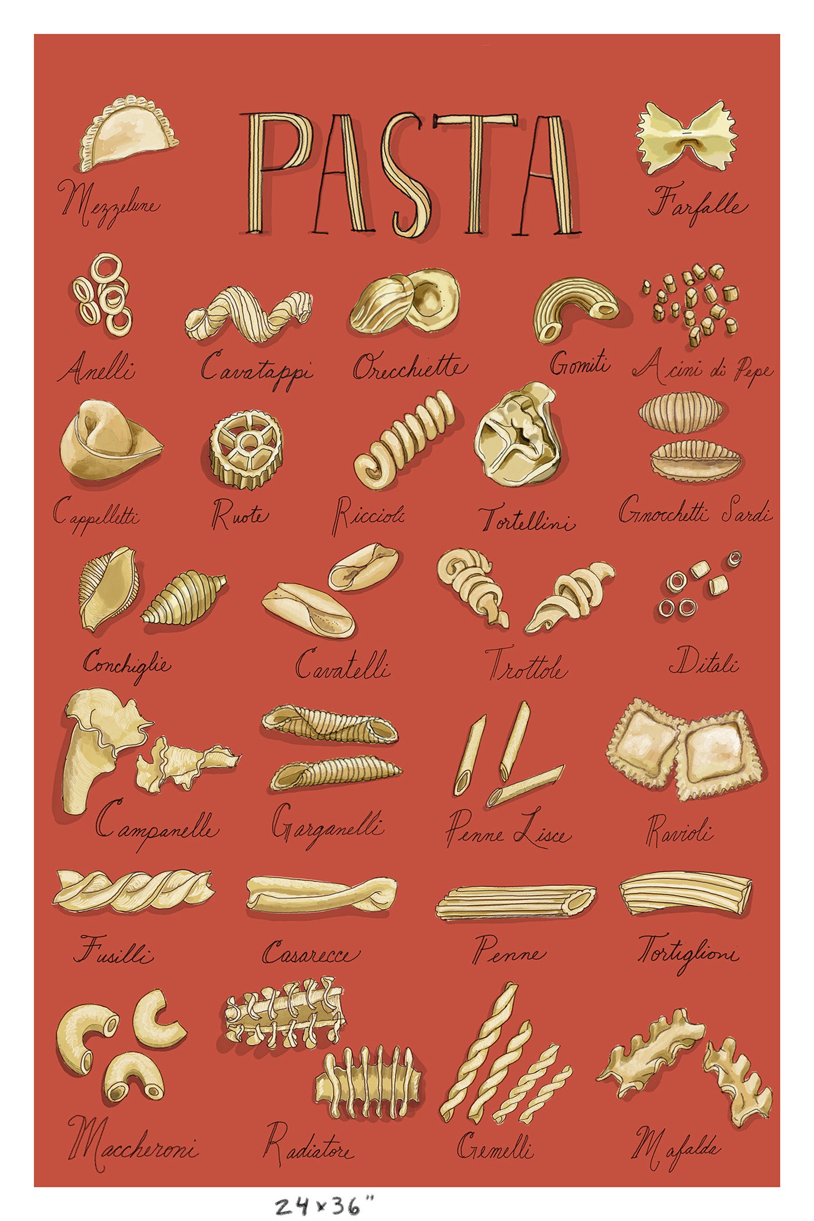 Illustrated Pasta Shapes Tomato Red 18x24 or 24x36 Inch Wall Art Print ...