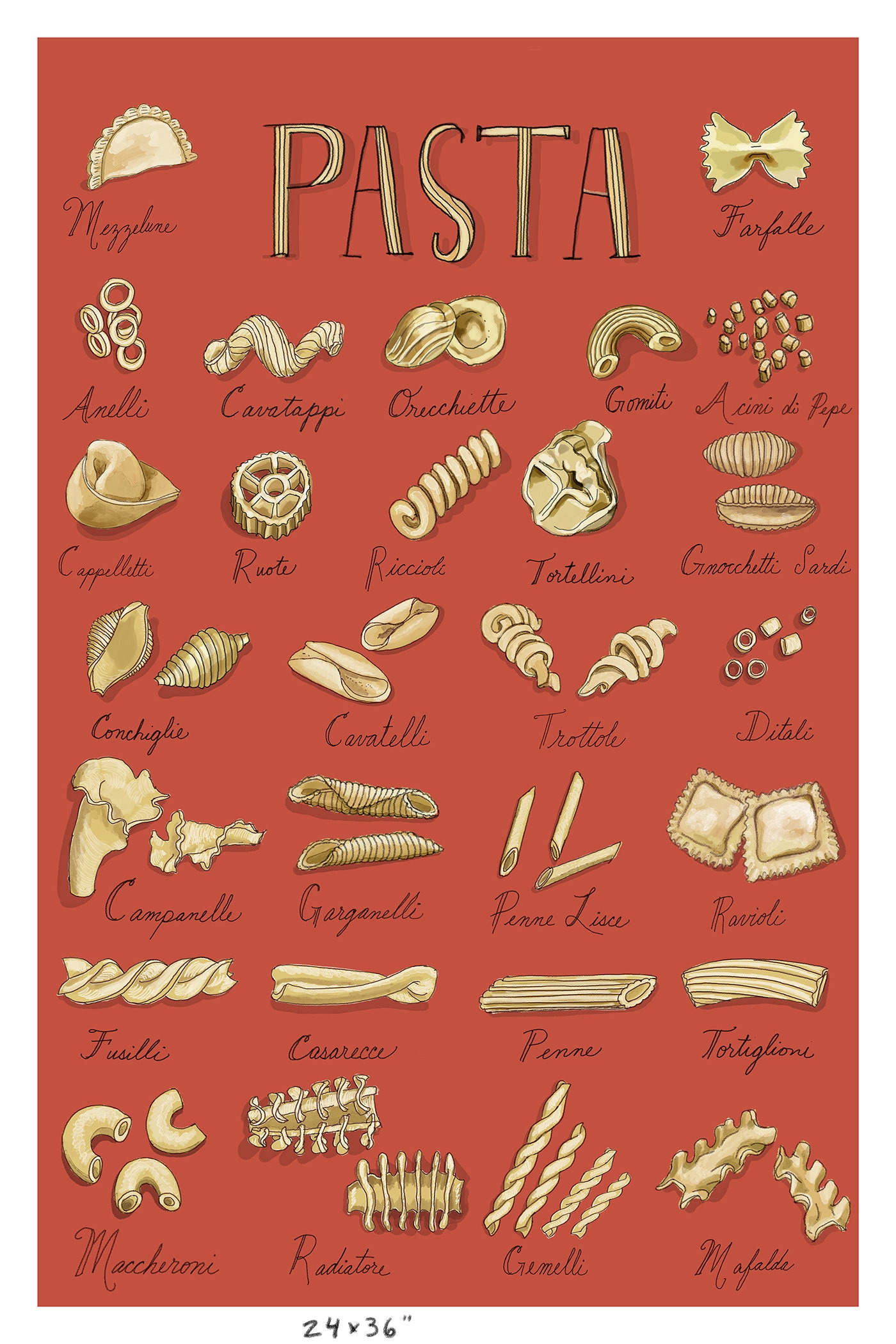 Illustrated Pasta Shapes Tomato Red 18x24 or 24x36 Inch Wall Art Print ...