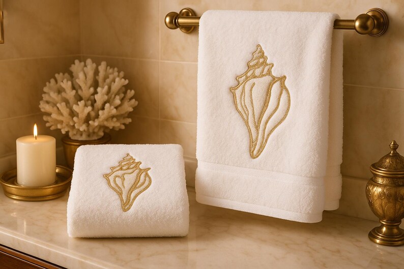 Embroidered Conch Shell Towel - Gold Coastal Design - Set of 2 - Etsy