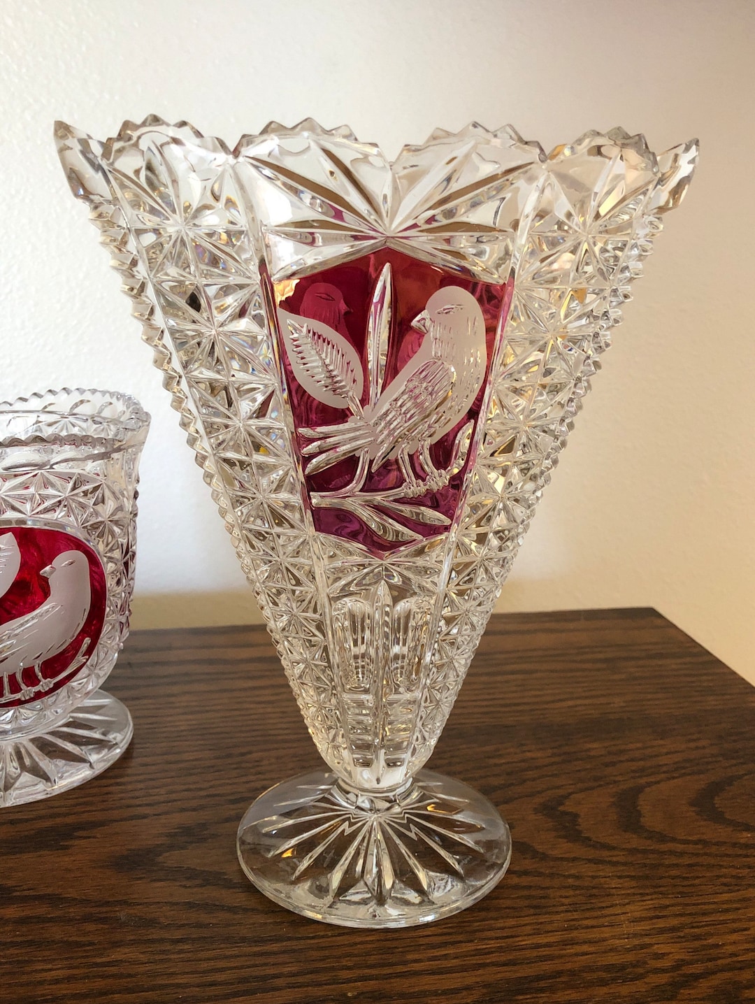 Hofbauer Ruby Red Byrdes Crystal Vase Birds Cut Glass German Crystal ...