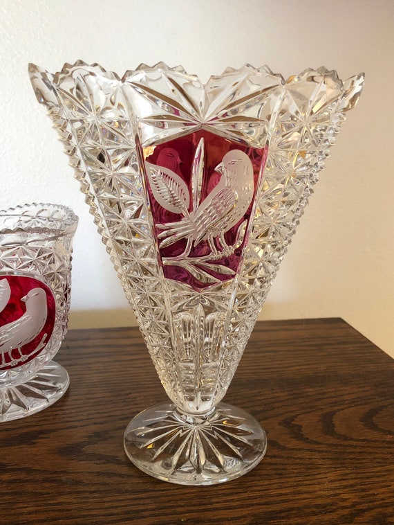 Hofbauer Ruby Red Byrdes Crystal Vase Birds Cut Glass German - Etsy