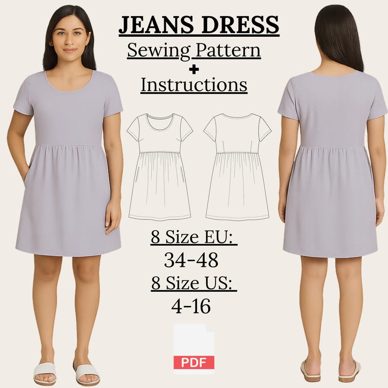 Denim Mini Dress Sewing Pattern: Beginner-friendly, Sizes 4-16 (digital ...