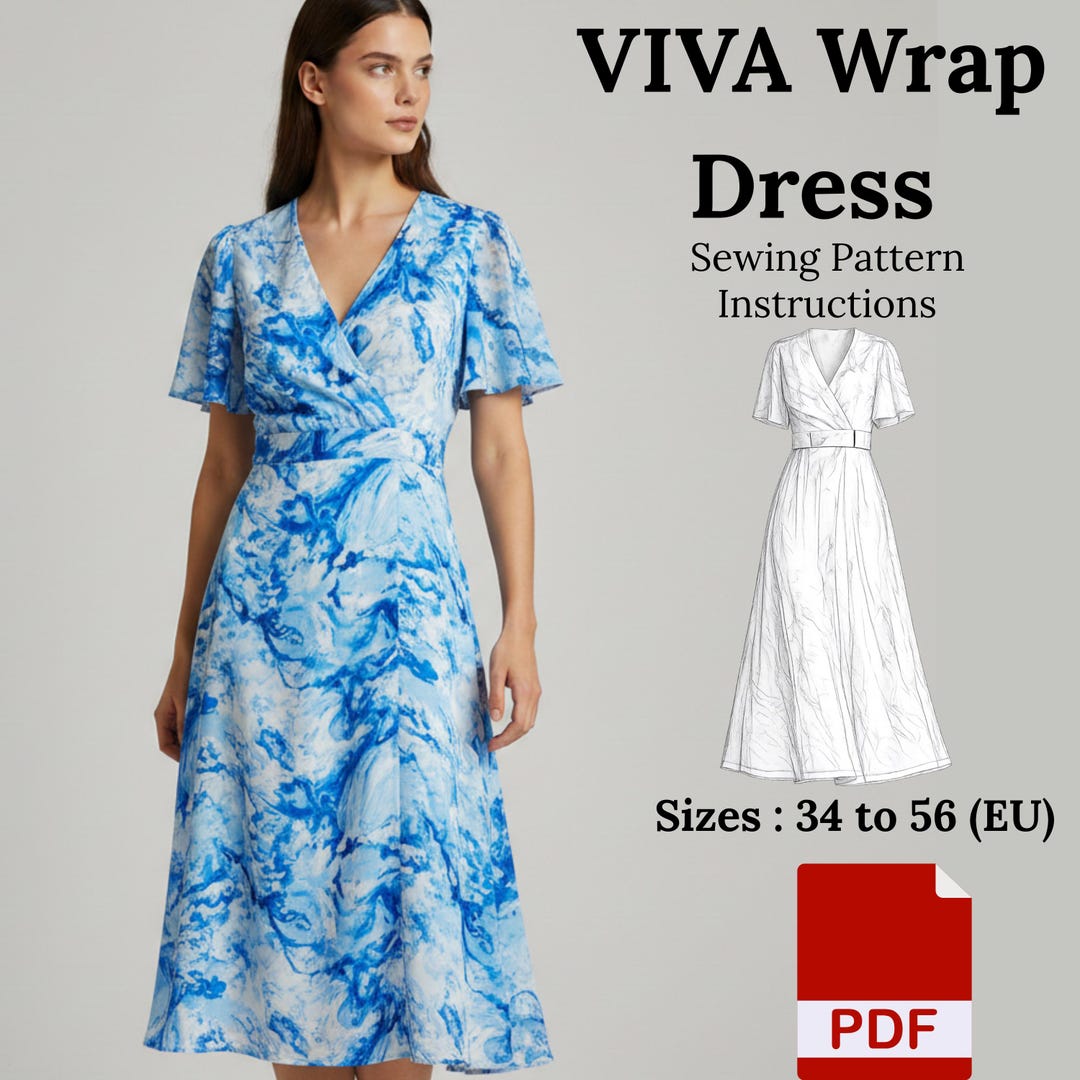 Wrap Midi Dress Sewing Pattern PDF | V-neck Waist Insert Dress ...