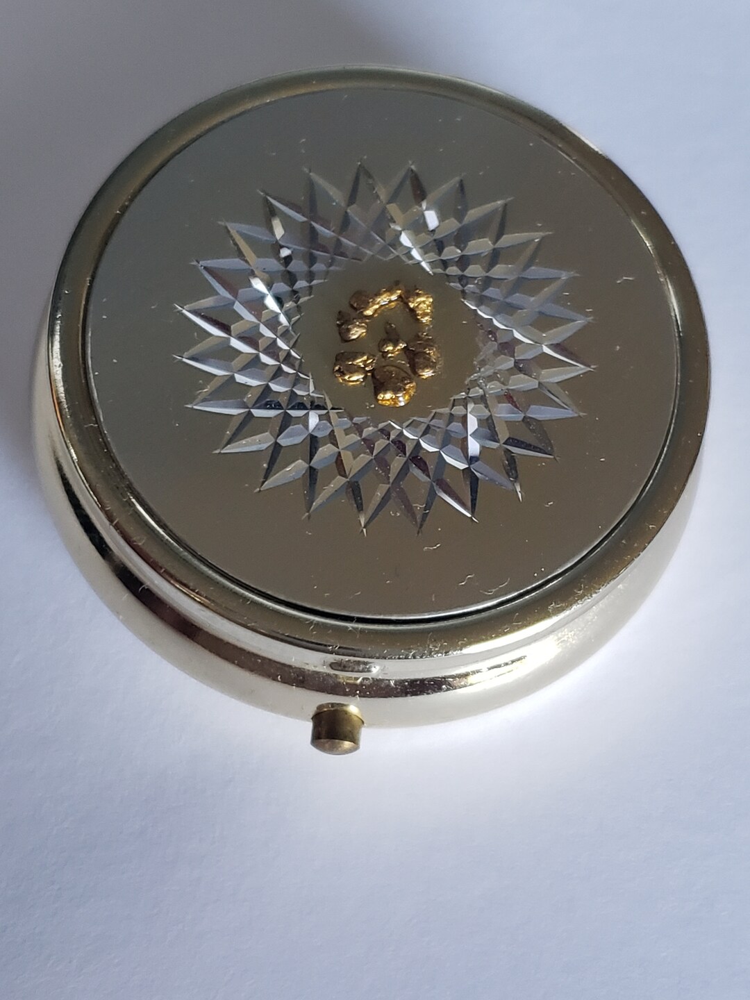 Vintage Pill Box, Real Gold Nuggets on Top 22K / Etched Design, Silver ...