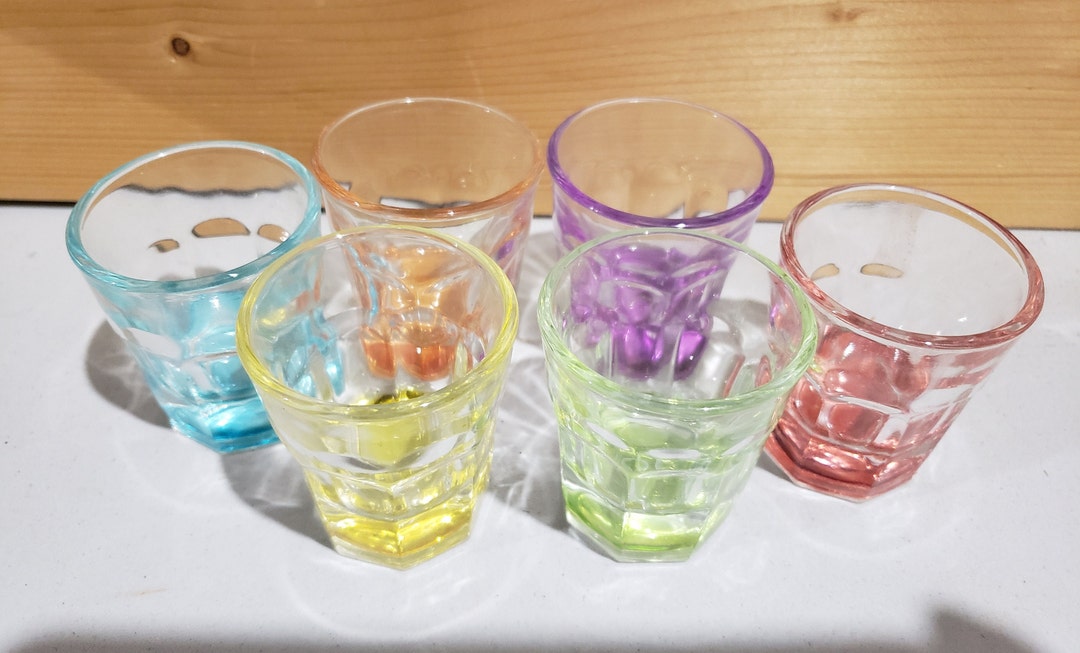 Assorted Colored Shot Glasses / Vintage Heavy Glass / Set of 6 Glasses ...
