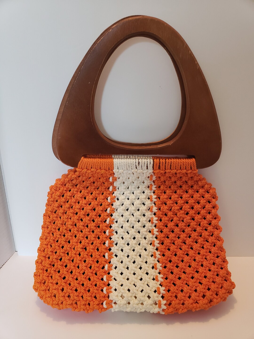 MCM Macrame Purse, Orange and White Woven Purse, Fabric Lined Macrame ...