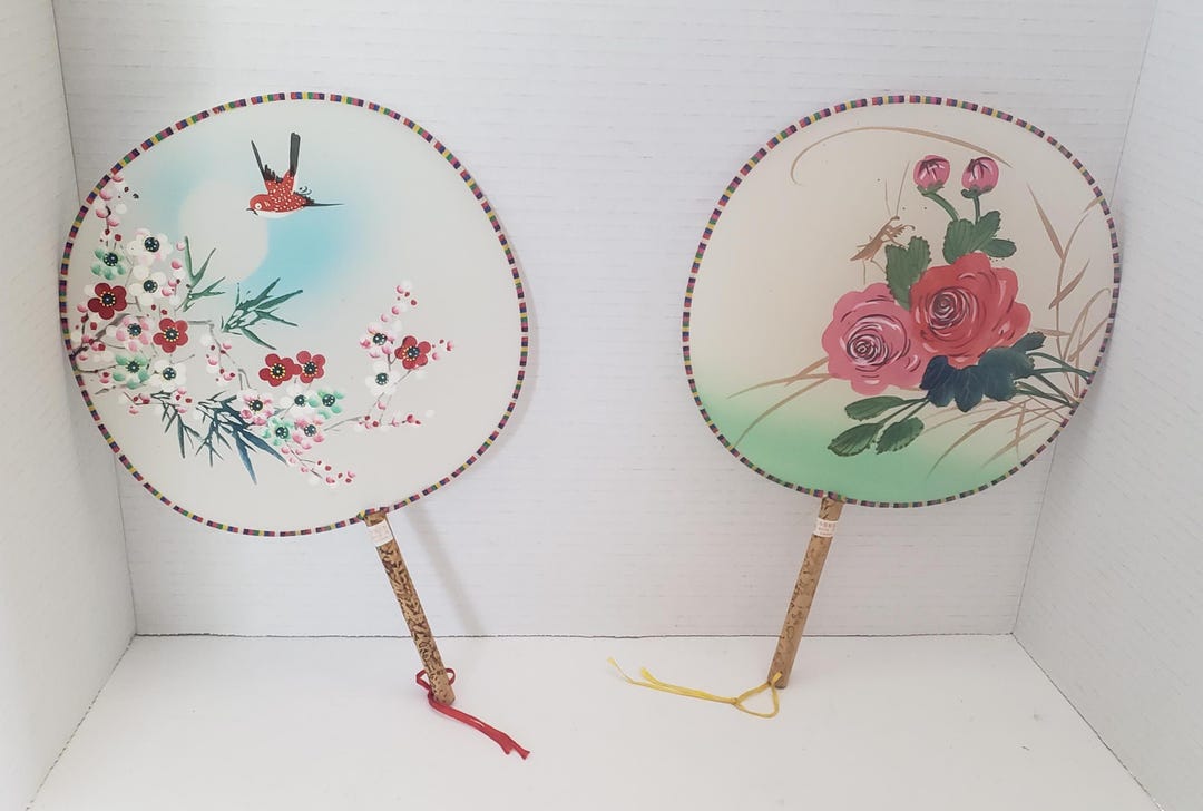Vintage Pair of Hand Painted Fans, Pink Rose Fan, Cherry Bloosom Bird ...