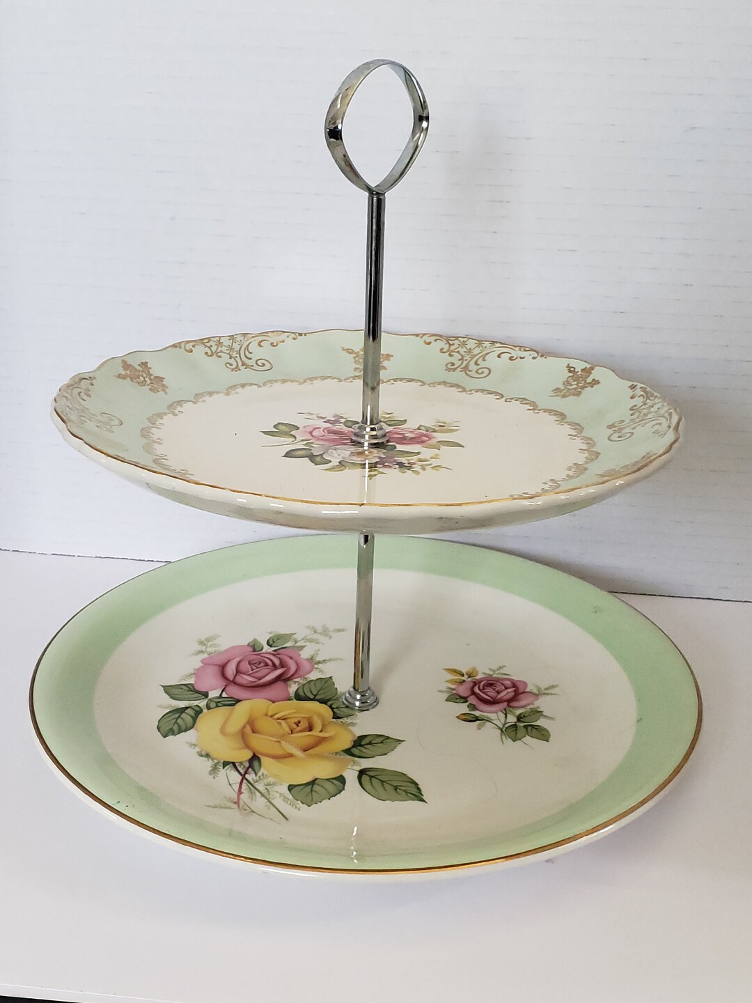 Crownford Rose High Tea 2-tier Cookie Stand, Pink, and Yellow Roses W ...