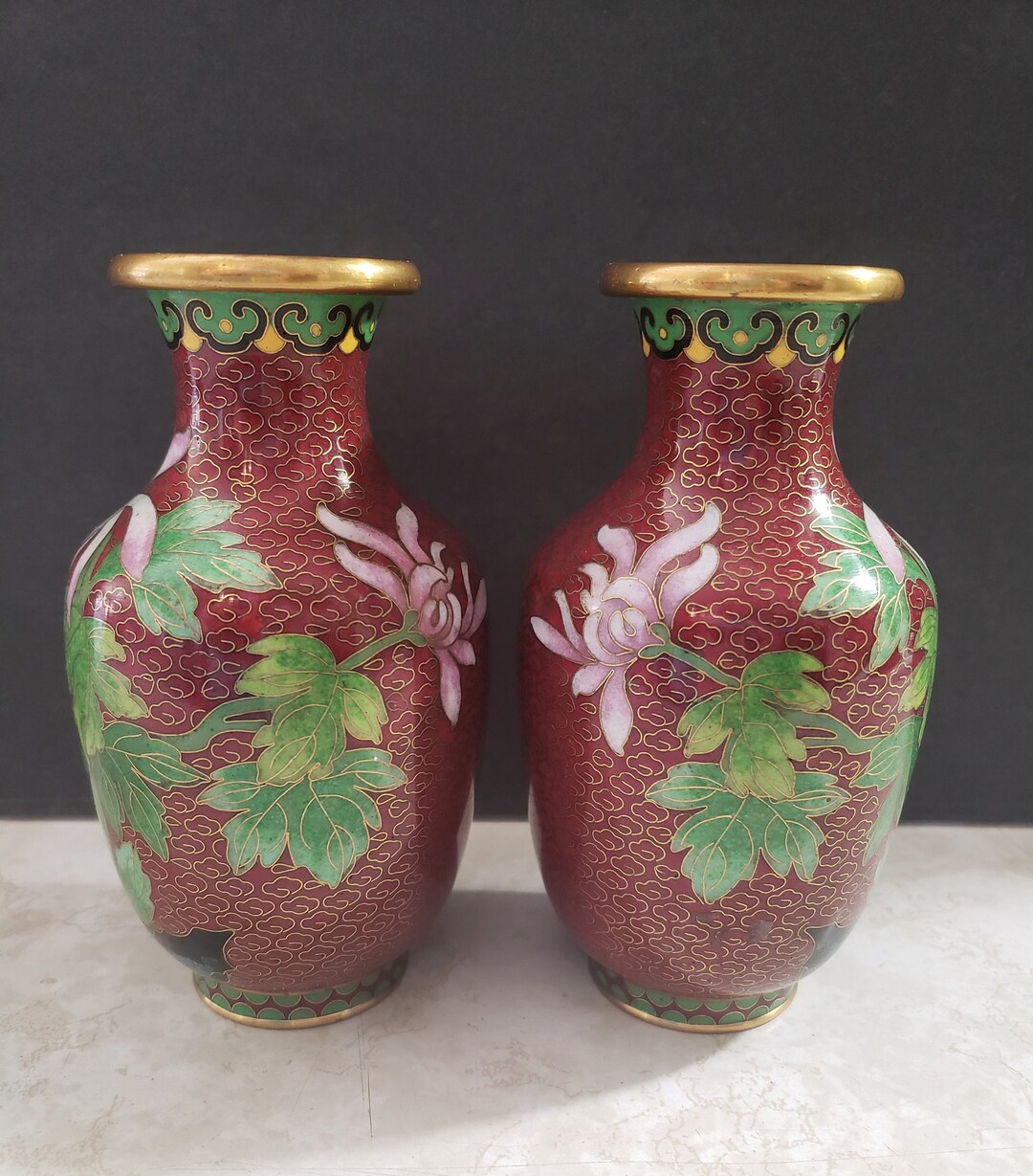 JINGFA Chinese Cloisonné Enamel Vases, Burgundy Gold W/ Pink Floral ...
