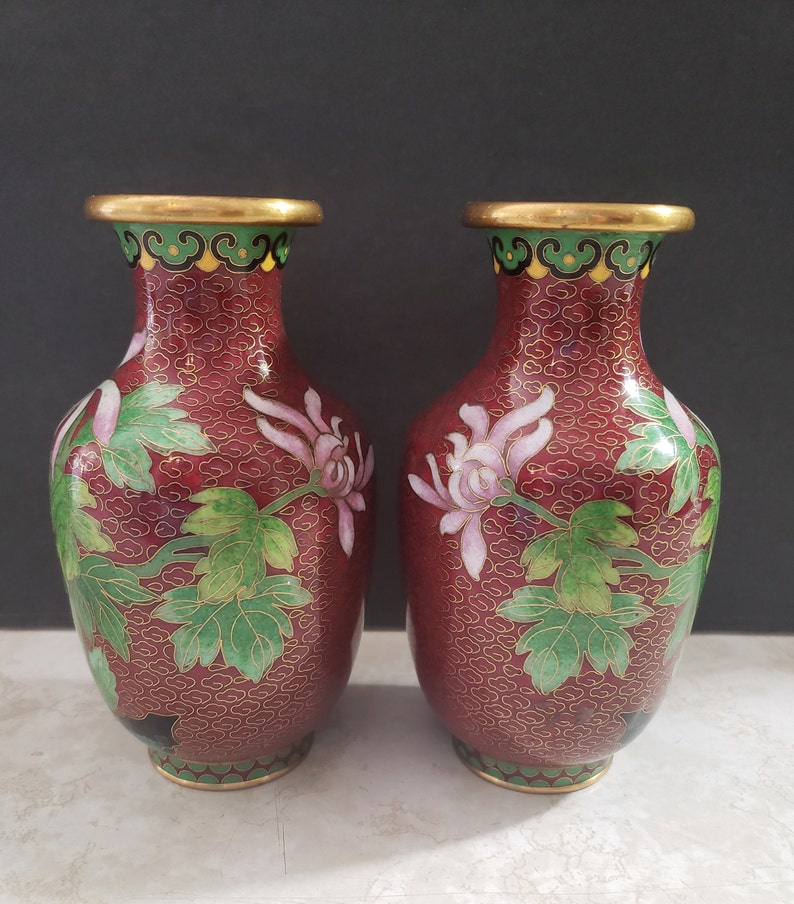 JINGFA Chinese Cloisonné Enamel Vases Burgundy Gold W/ Pink - Etsy