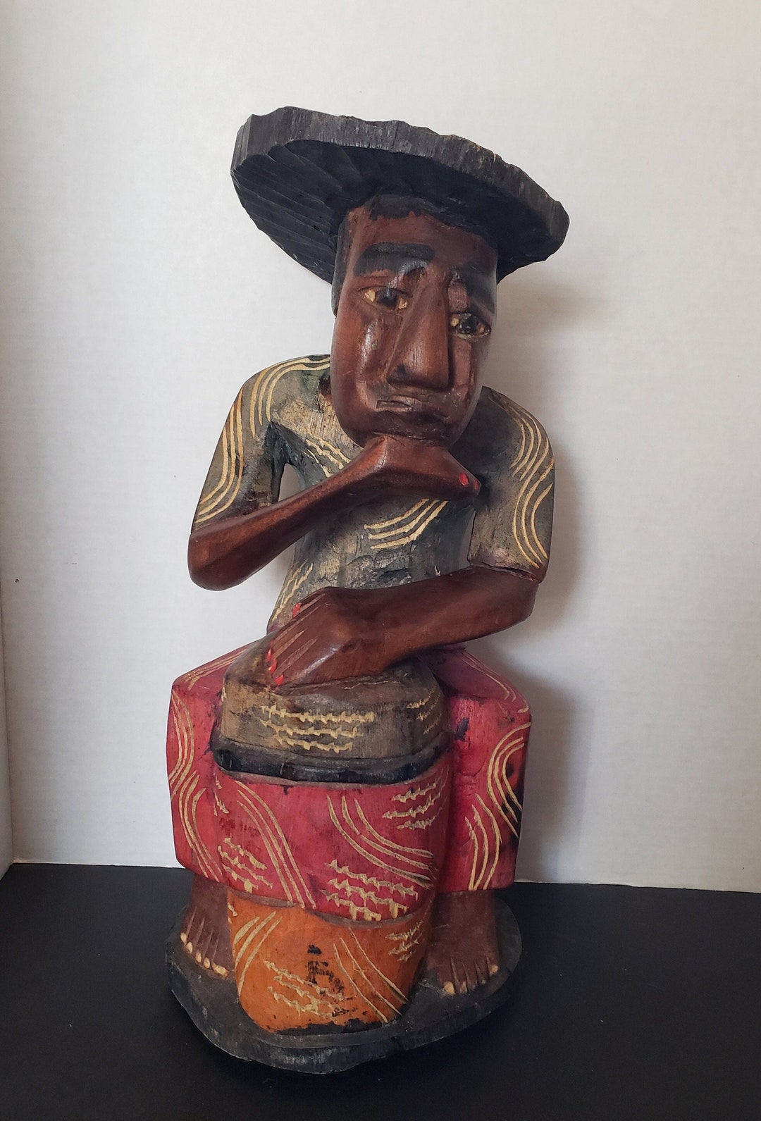 Vintage Carved Wooden Musician Statue, Bongo Player, Drummer Figurine ...