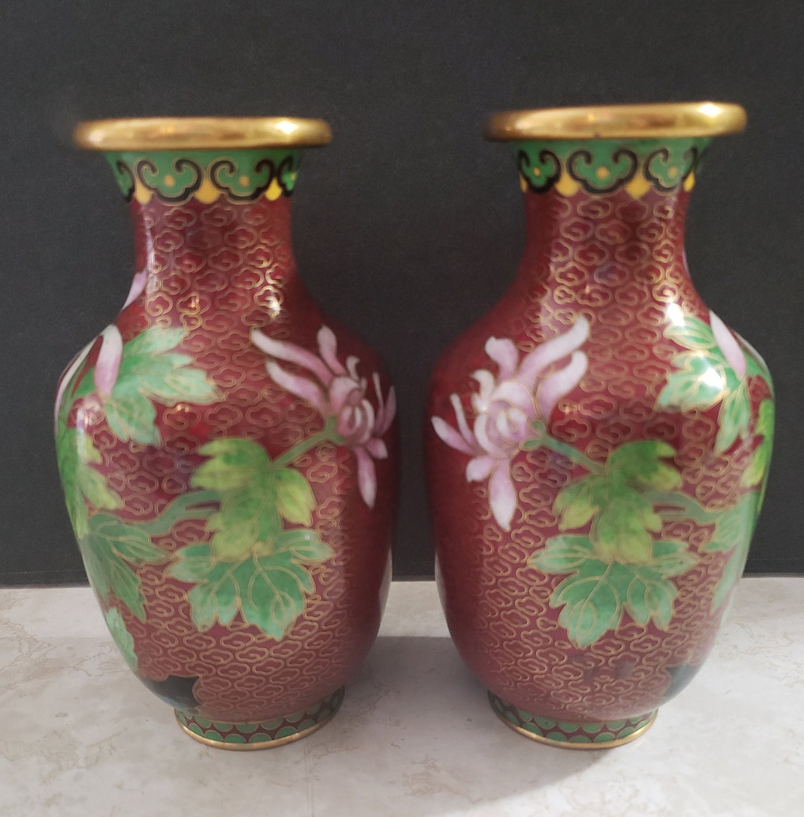 JINGFA Chinese Cloisonné Enamel Vases, Burgundy Gold W/ Pink Floral ...