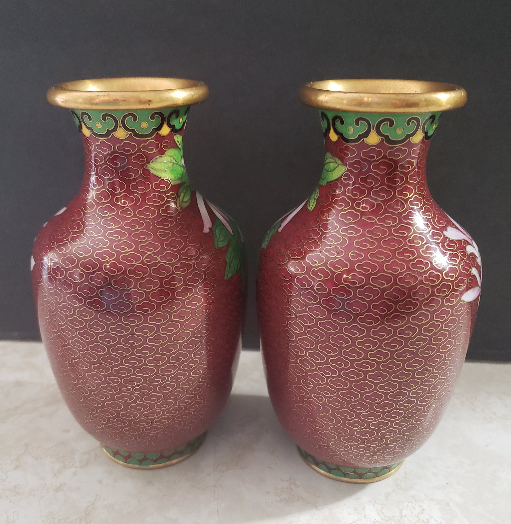 JINGFA Chinese Cloisonné Enamel Vases, Burgundy Gold W/ Pink Floral ...