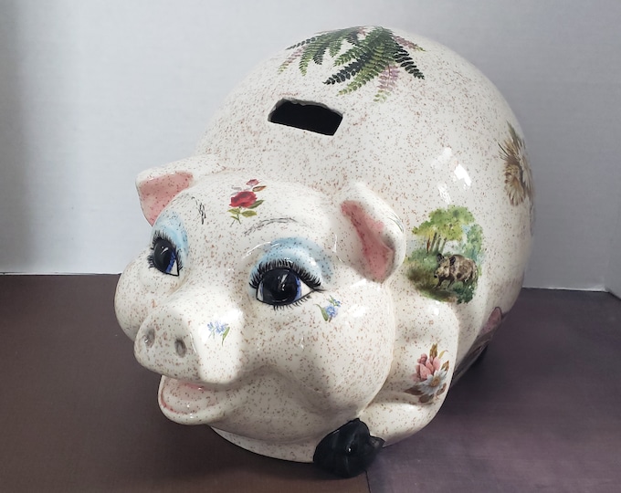 Extra Large Vintage Ceramic Piggy Bank , Decoupage Style Large Coin ...