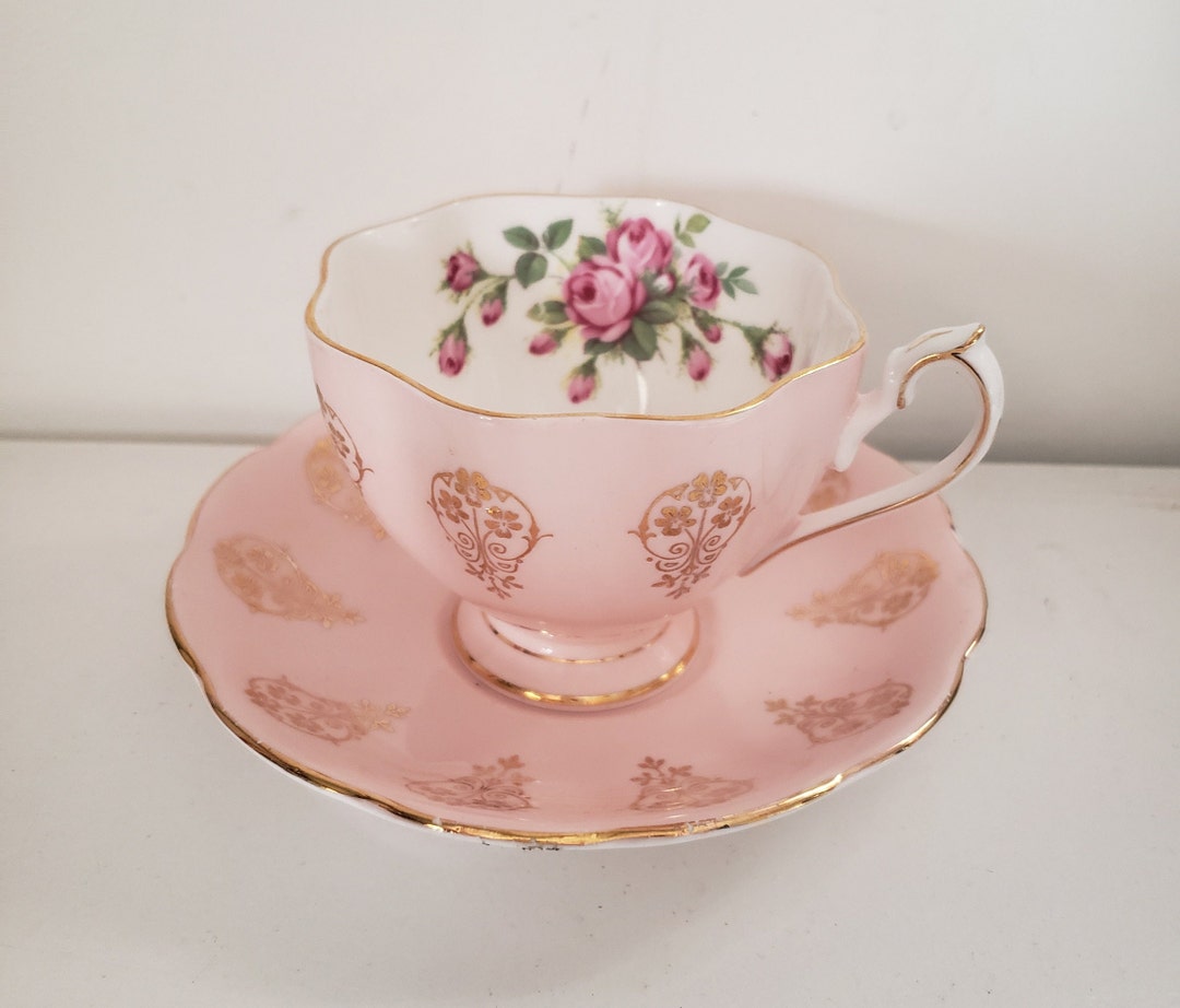 Queen Anne Pink Gold Floral Teacup & Saucer / Pink Rose Pattern - Etsy