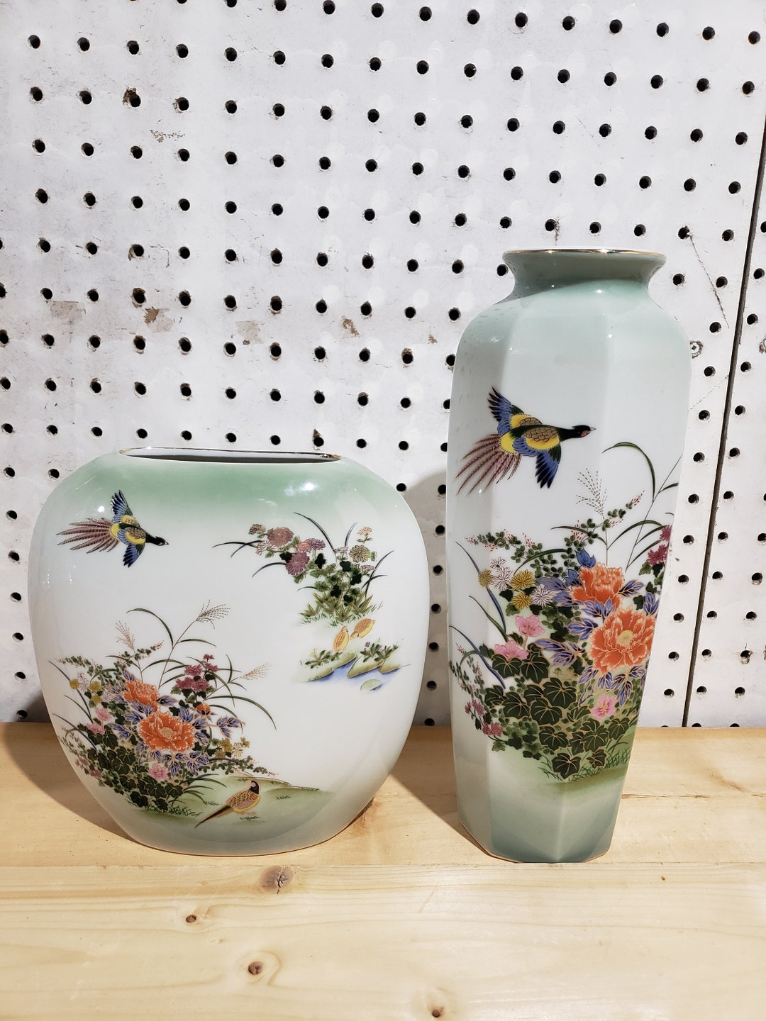 Japanese Porcelain Toyo Botan Vases, Tall and Oblong Flying Bird Vases ...