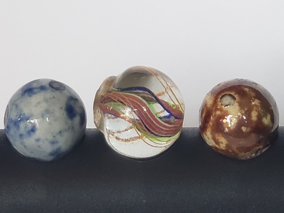 Set of Marbles ~ German Orange White Green Core Swirl Antique Marble ...