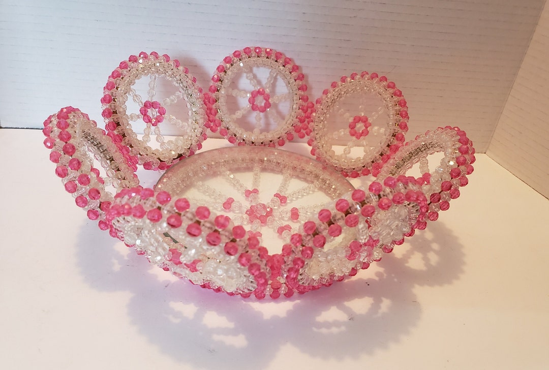 Vintage Plastic Beaded Tramp Art Beaded Bowl, Pink Clear Beaded Bowl ...