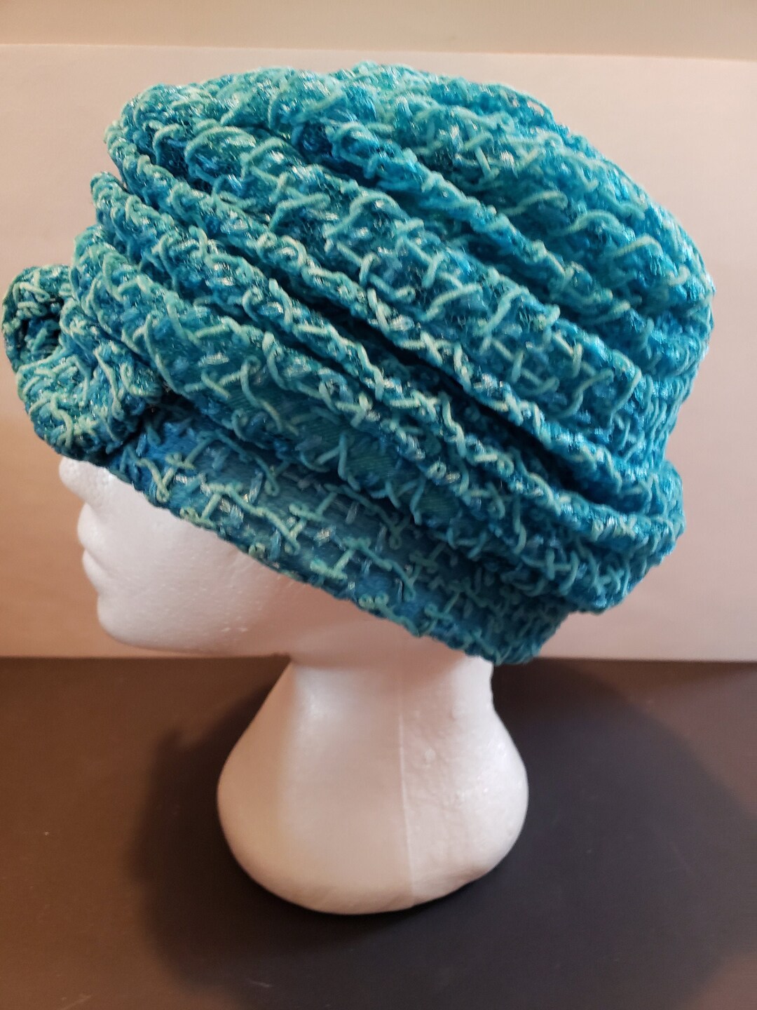 1950's Turban Style Turquoise Plush Soft Hat, Soft Cuddy Style Blue Hat ...