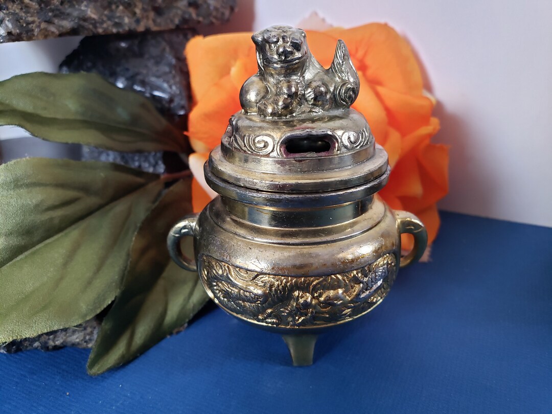 Lc Foo Dog Incense Burner Censer, Antique Brass Metal Footed Small ...