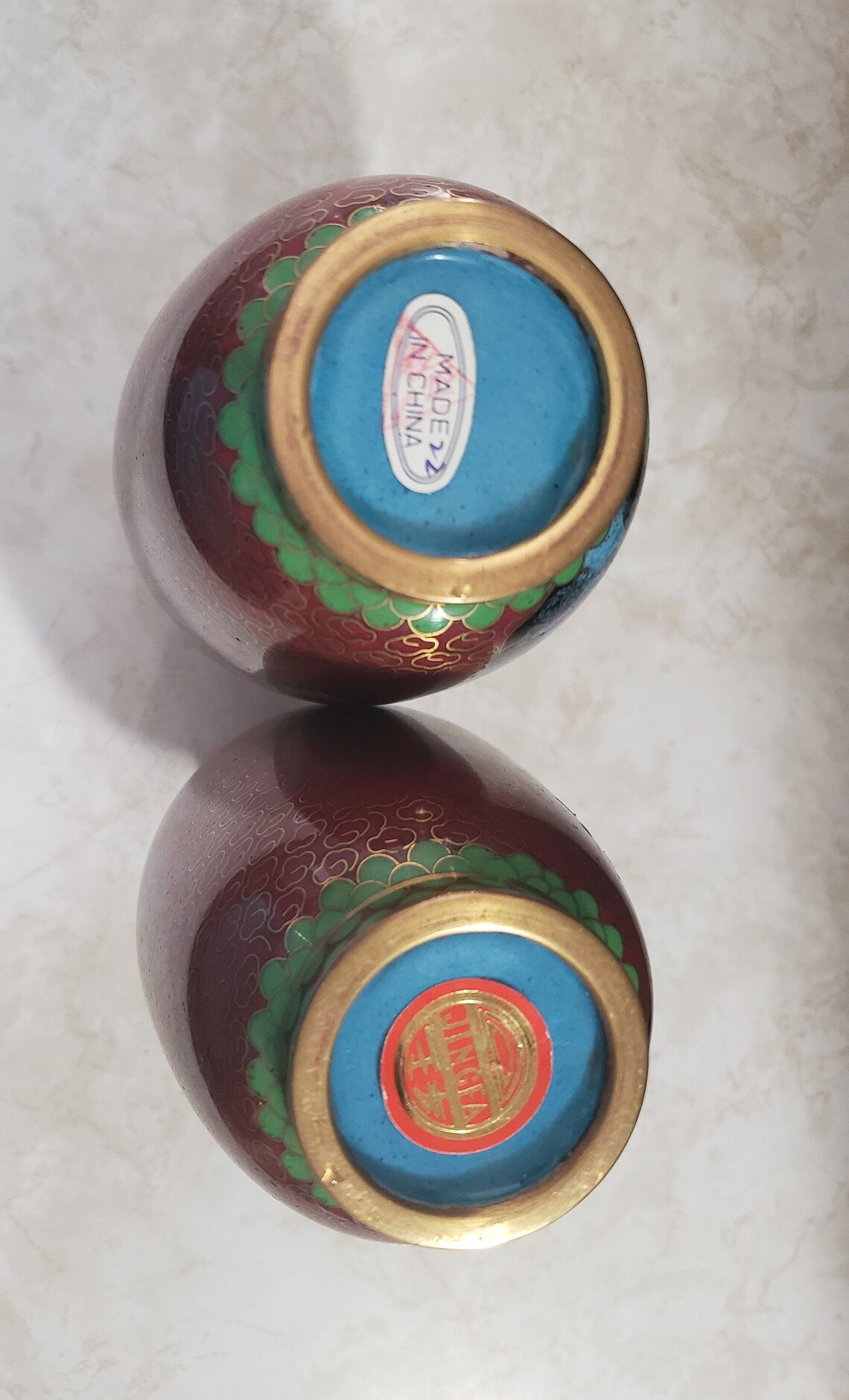 JINGFA Chinese Cloisonné Enamel Vases, Burgundy Gold W/ Pink Floral ...