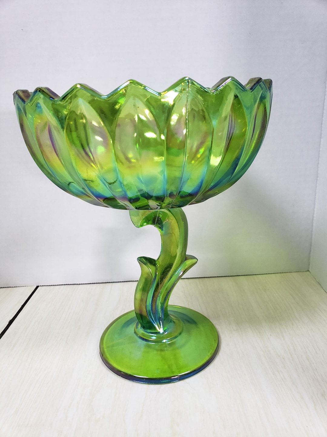 Indiana Iridescent Green Glass Compote Bowl, Carnival Glass Compote ...