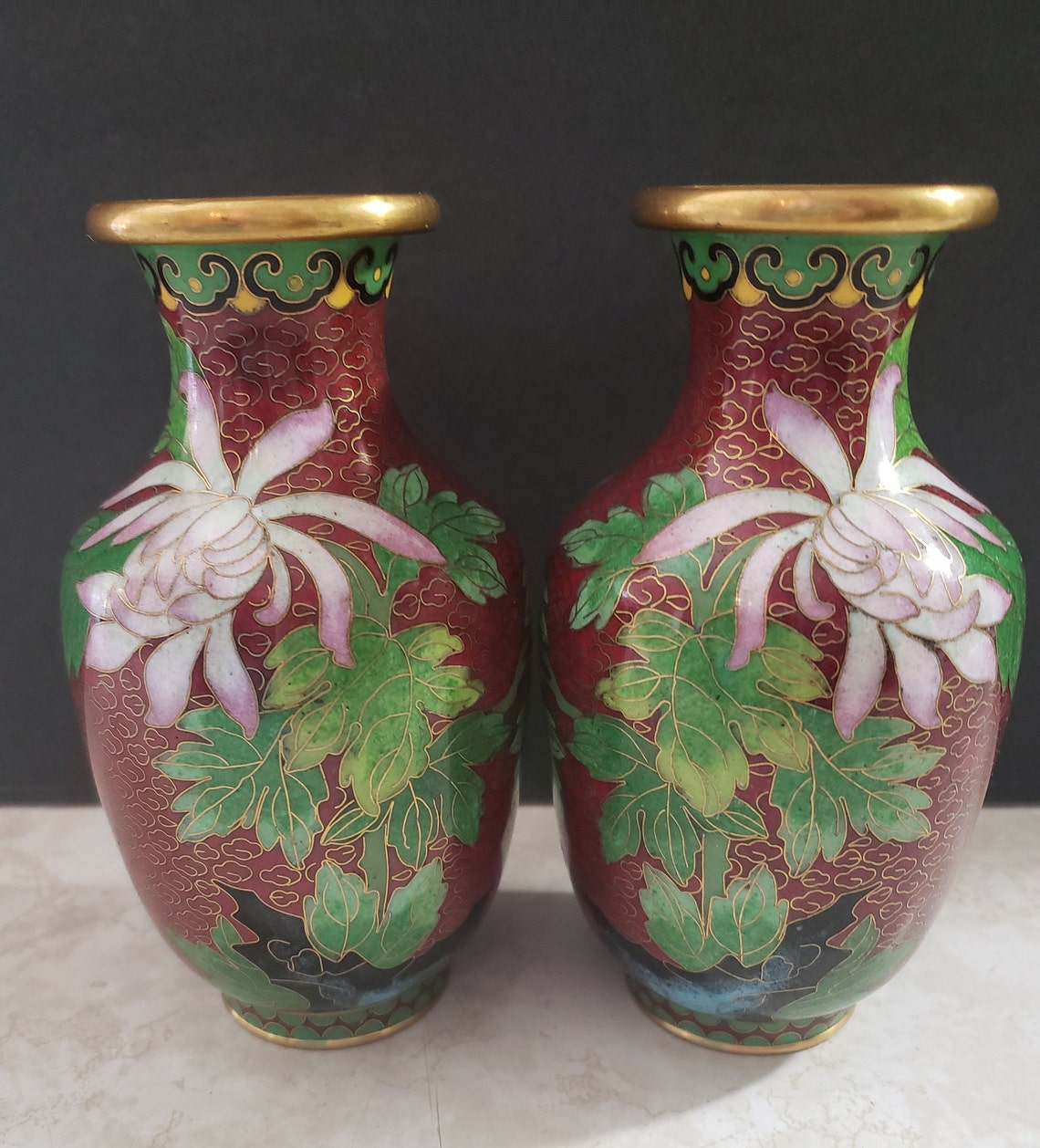 JINGFA Chinese Cloisonné Enamel Vases, Burgundy Gold W/ Pink Floral ...
