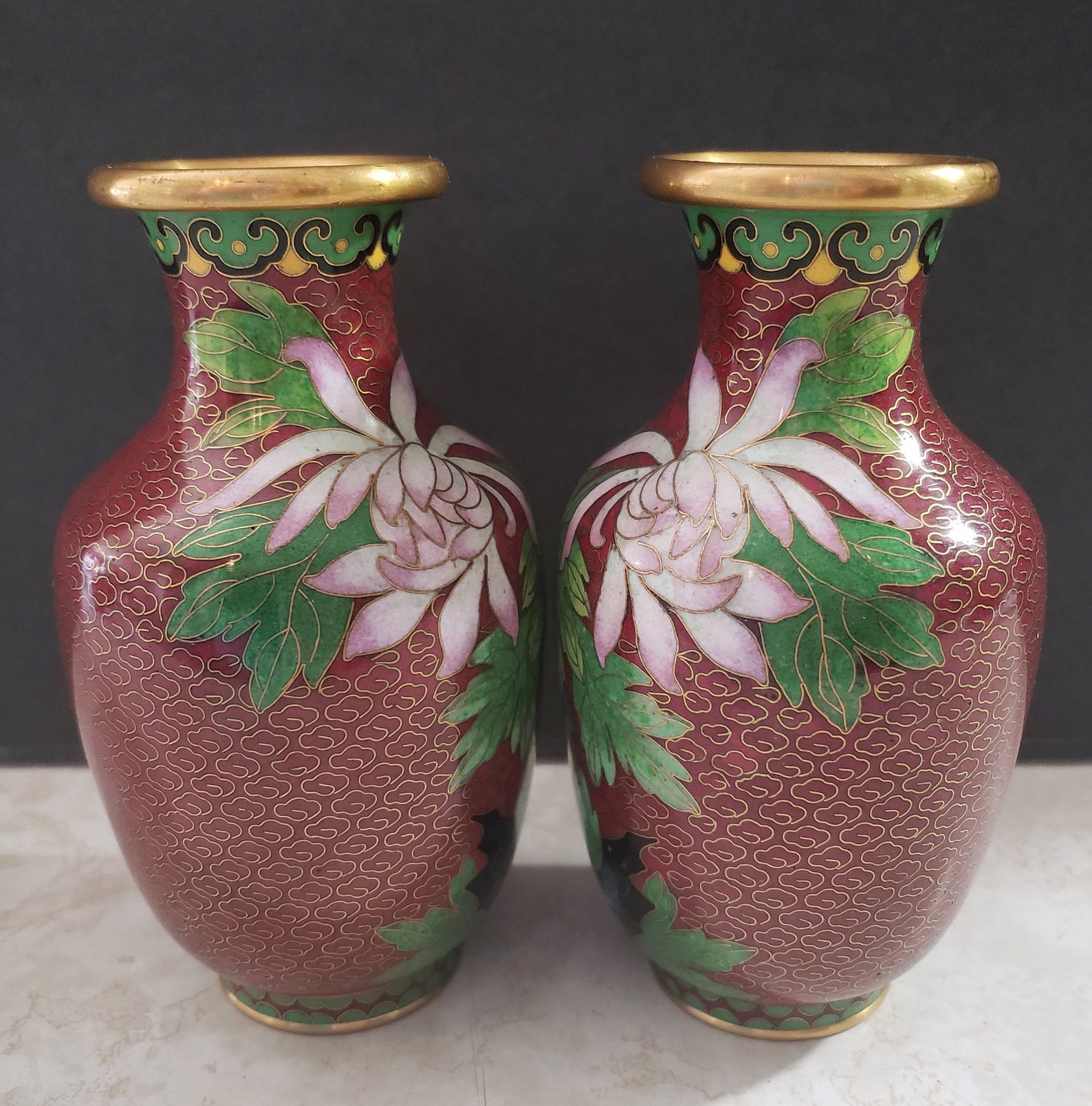 JINGFA Chinese Cloisonné Enamel Vases, Burgundy Gold W/ Pink Floral ...