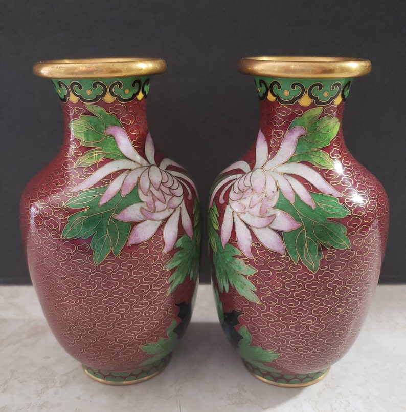 JINGFA Chinese Cloisonné Enamel Vases, Burgundy Gold W/ Pink Floral ...