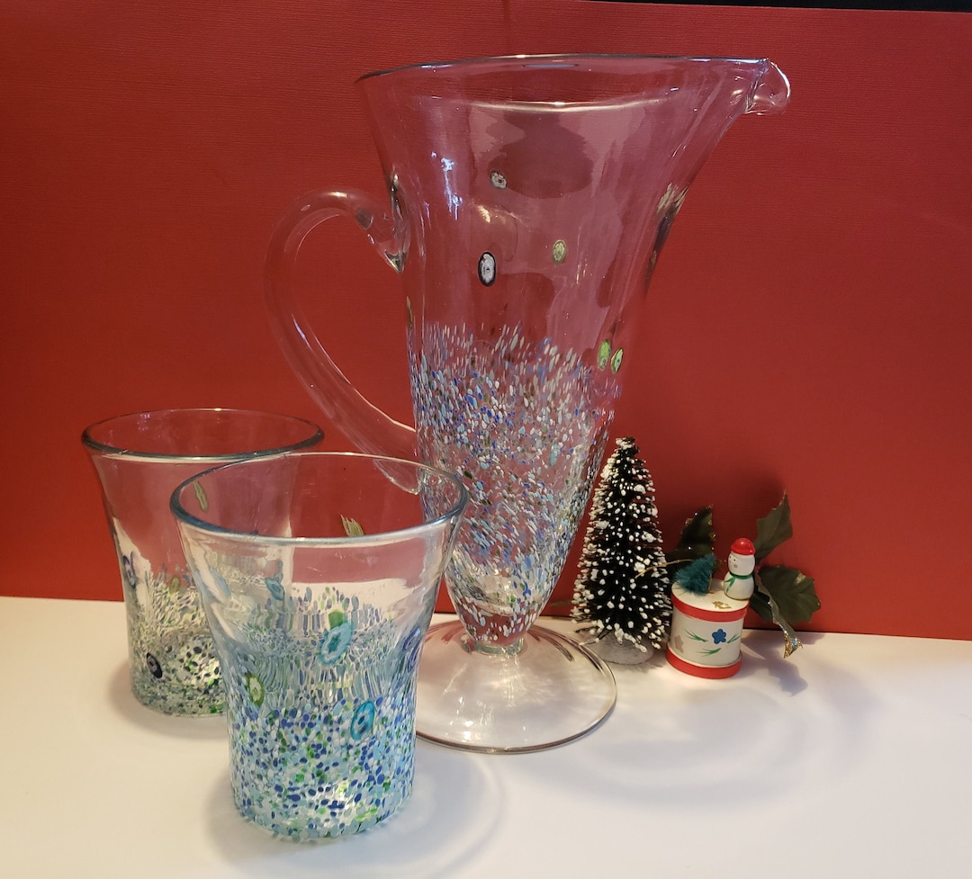 Hand Blown Art Glass Pitcher & 2 Glasses, Art Glass Splatter Millefiori ...