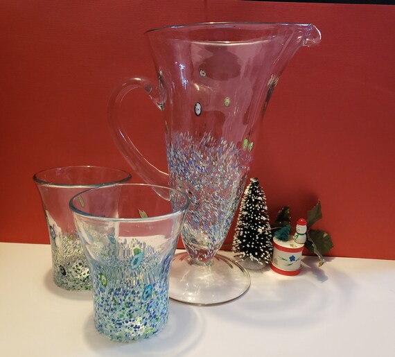 Hand Blown Art Glass Pitcher & 2 Glasses Art Glass Splatter | Etsy